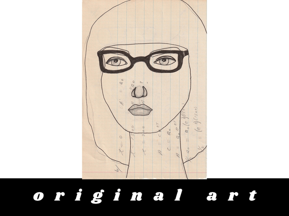 Female Line Art Portrait on Vintage Math Homework. Smart Girl in ...