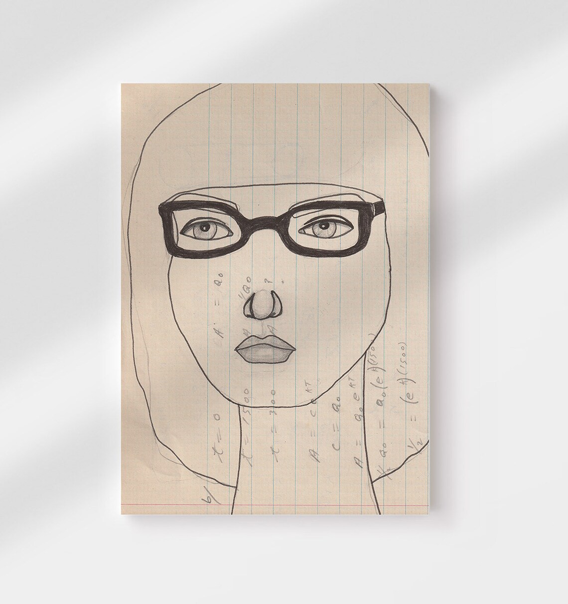 Female Line Art Portrait on Vintage Math Homework. Smart Girl in ...