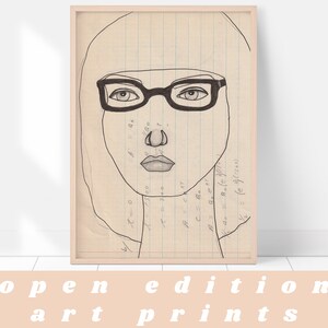 Line Art Woman's Face on Vintage 1950s Math Homework, Art Print. Unique ...