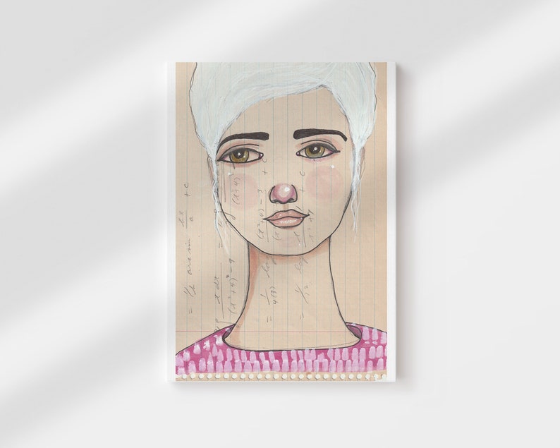 Quirky Portrait Art of a Woman on Vintage Math Homework Paper. Unique ...