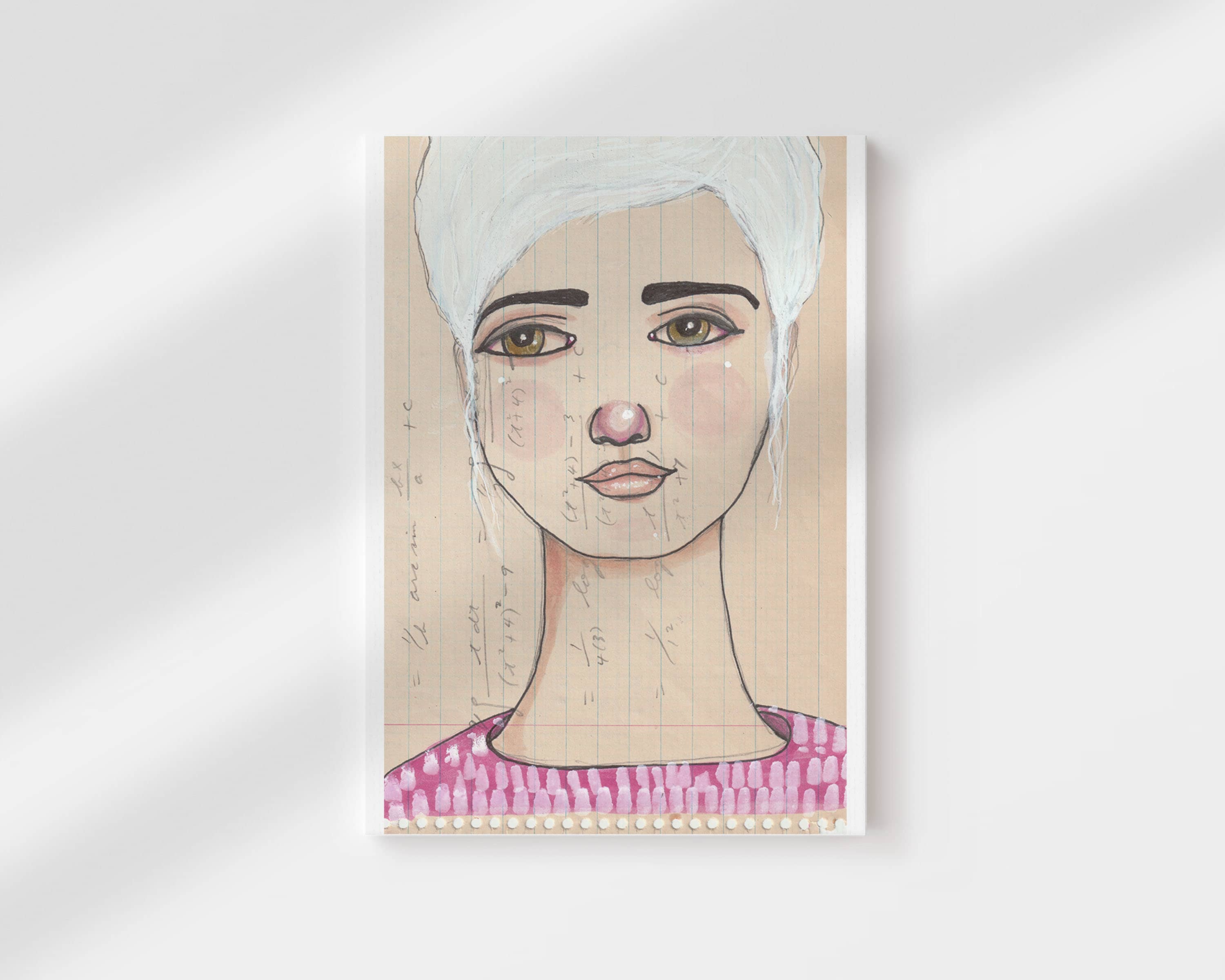 Quirky Portrait Art of a Woman on Vintage Math Homework Paper. Unique ...