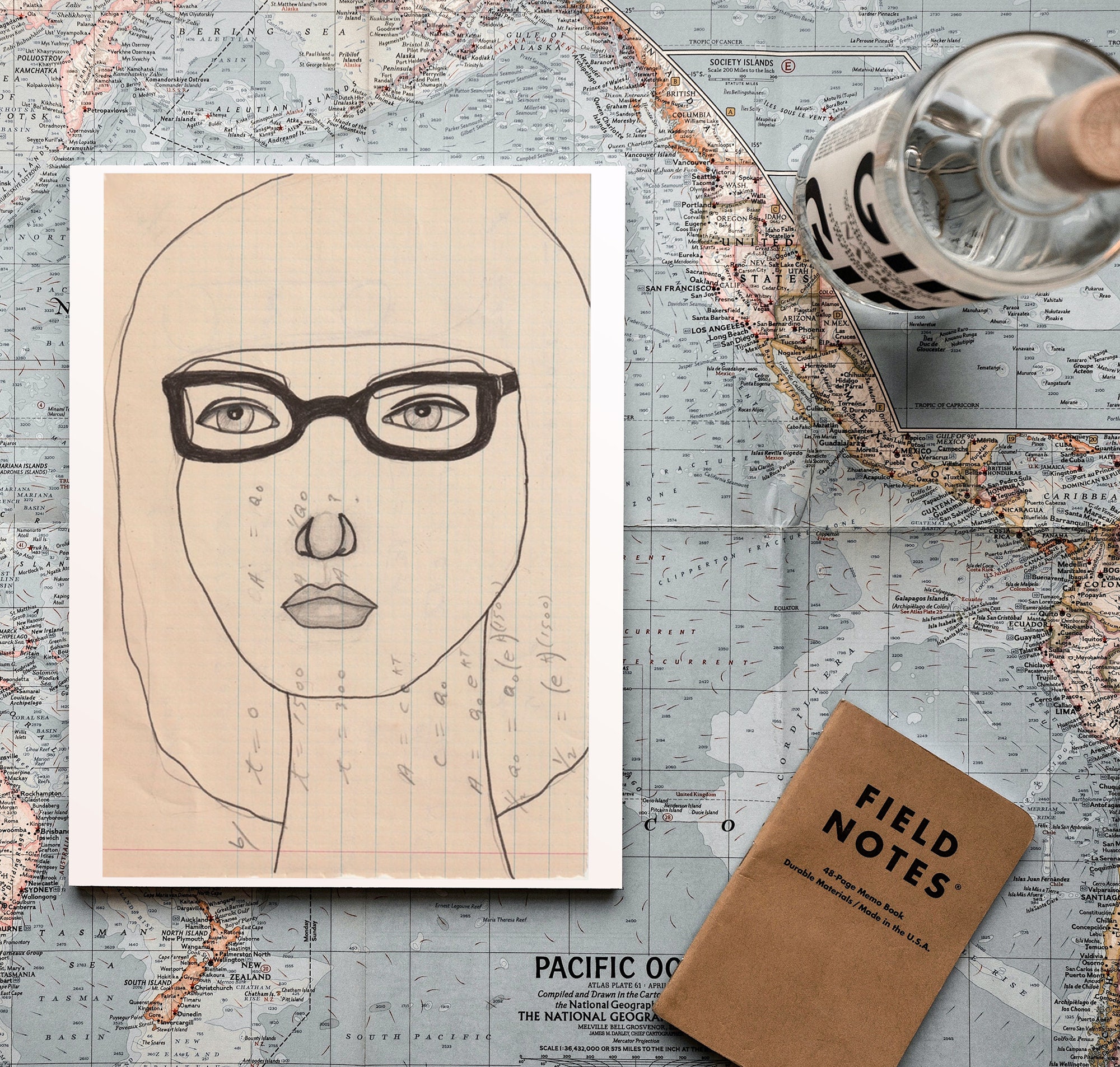 Female Line Art Portrait on Vintage Math Homework. Smart Girl in ...