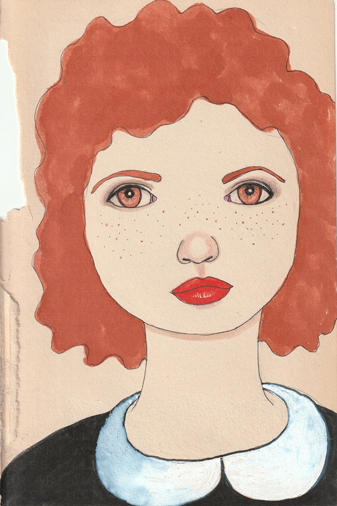 Redhead With Freckles Portrait Art of a Girl on Vintage Book Page ...