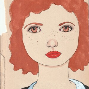 Redhead With Freckles Portrait Art of a Girl on Vintage Book Page ...
