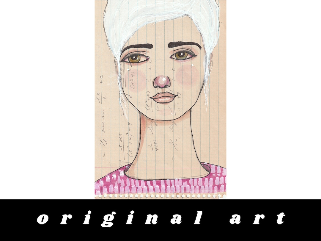 Quirky Portrait Art of a Woman on Vintage Math Homework Paper. Unique ...