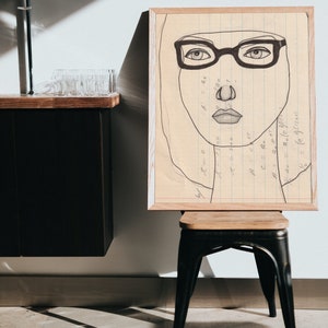 Line Art Woman's Face on Vintage 1950s Math Homework, Art Print. Unique ...
