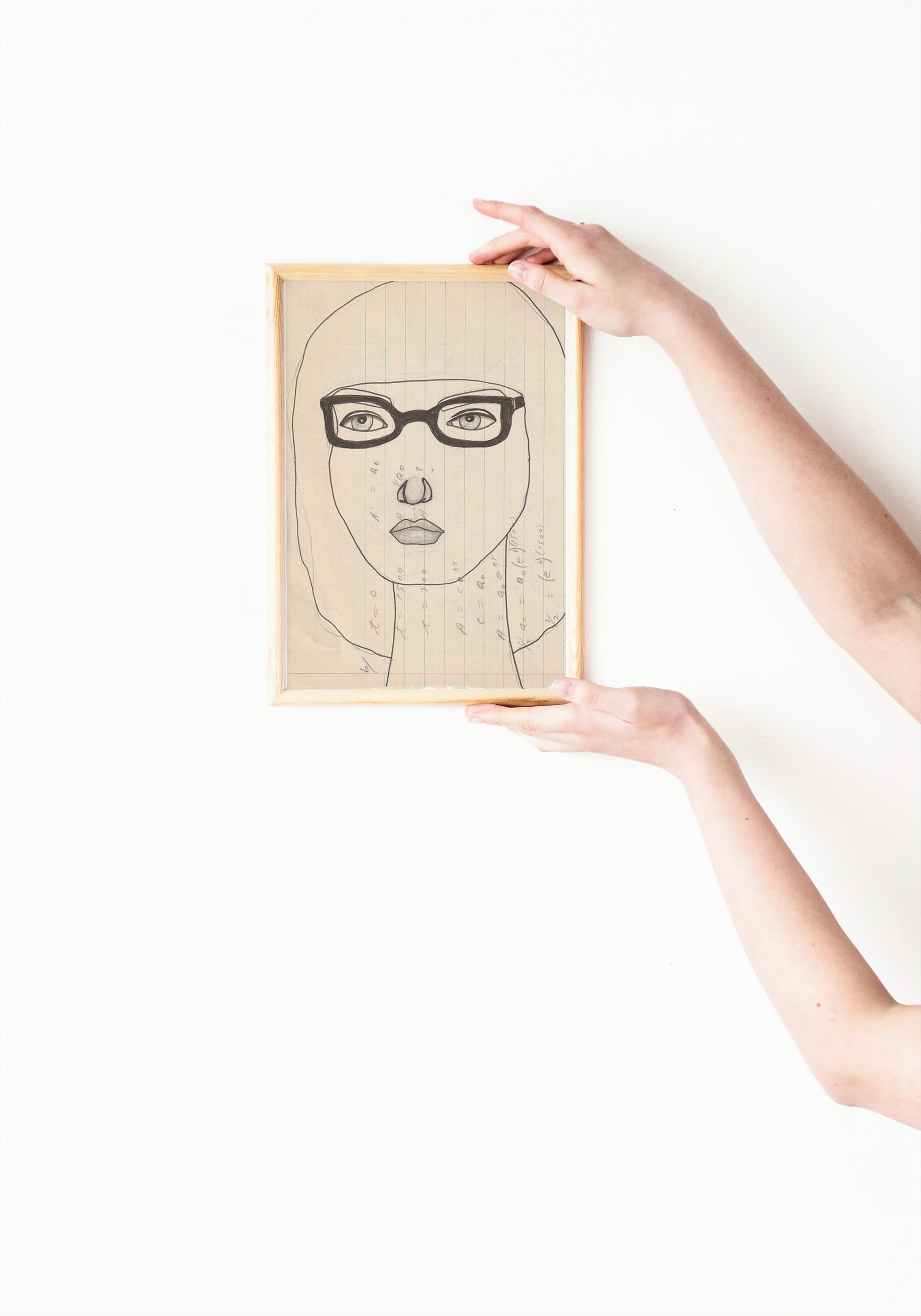Female Line Art Portrait on Vintage Math Homework. Smart Girl in ...