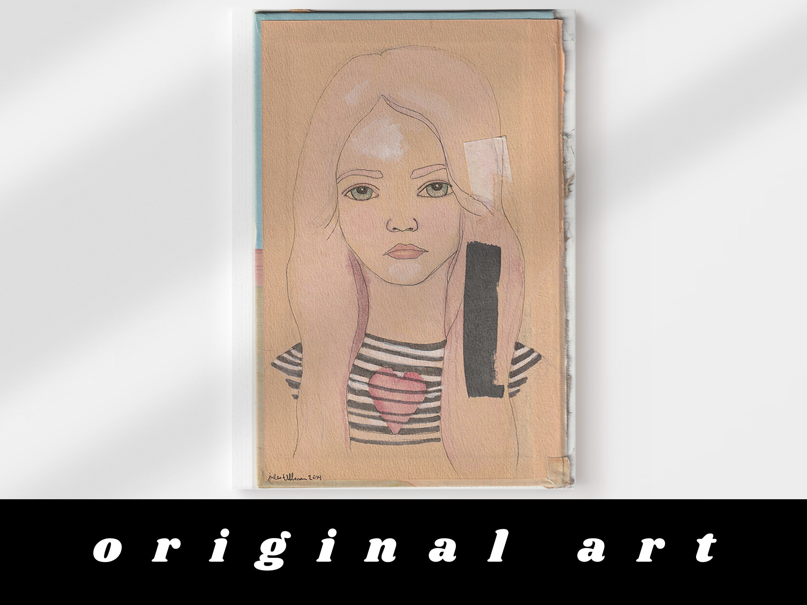 Portrait of a Girl With a Striped Shirt and Red Heart on Vintage Book ...