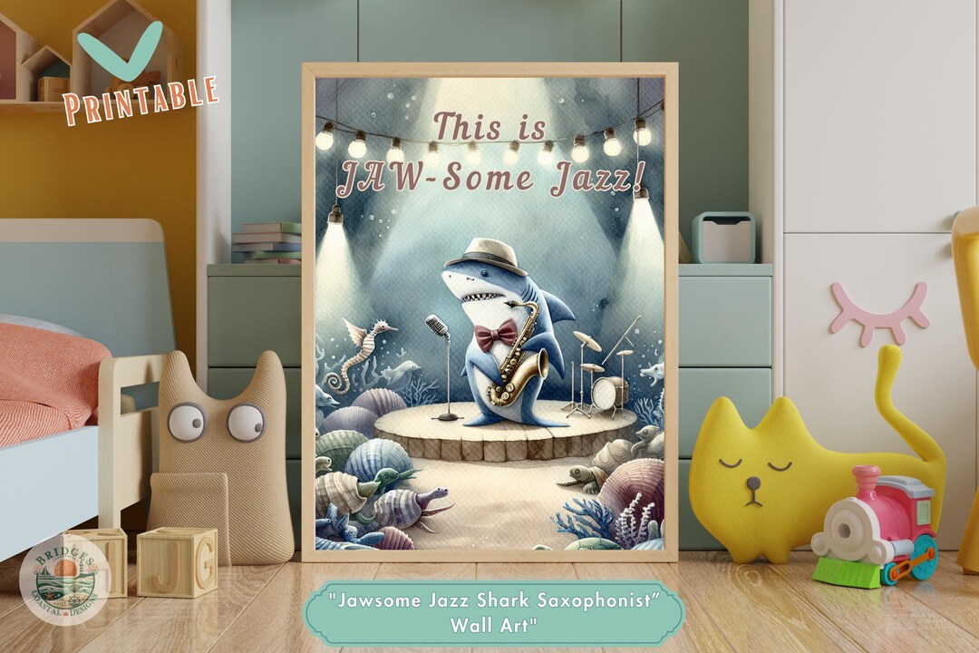 Jazz Shark Saxophonist Nautical Art Print: Music Room Decor (digital ...