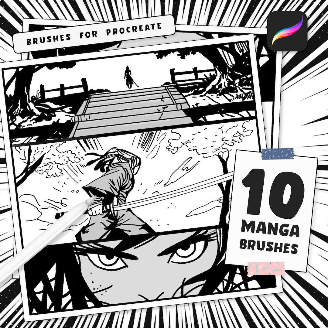 10 Manga Procreate Brushes, Digital Comic Book Drawing Draft Outline ...