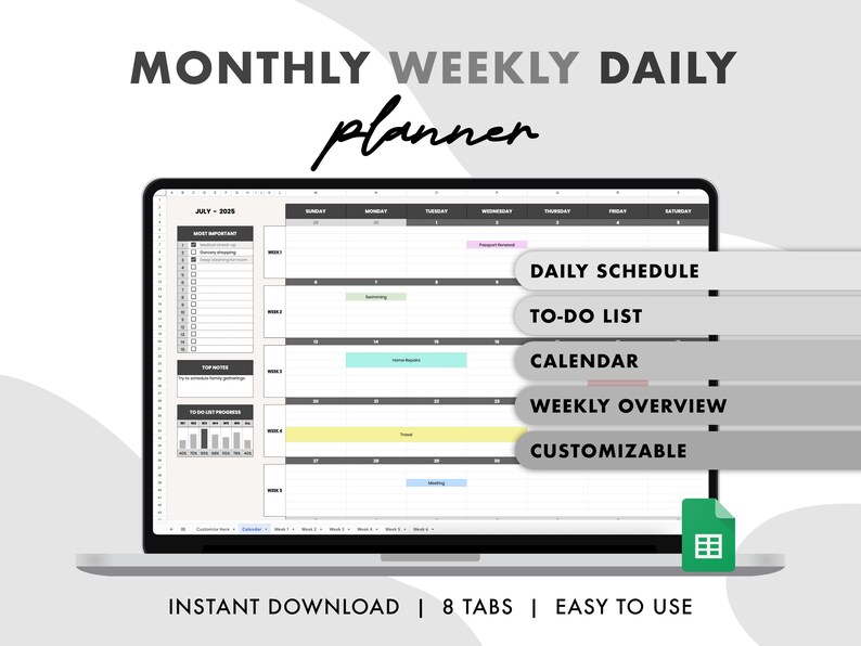 Monthly Calendar, Daily Schedule Template, Google Sheets to Do List ...