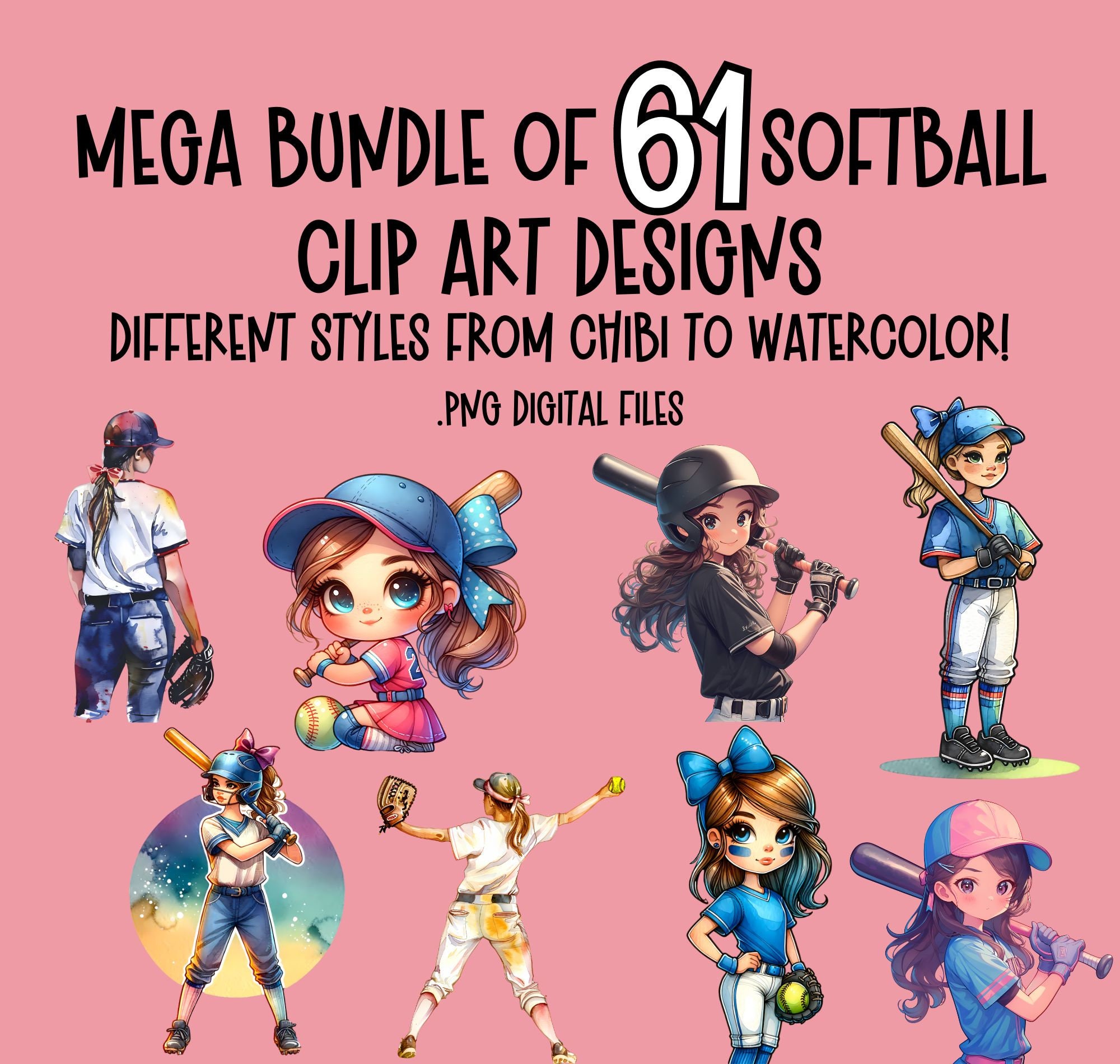 Softball Clipart MEGA Bundle 61 Png Digital Sublimation File Girl ...
