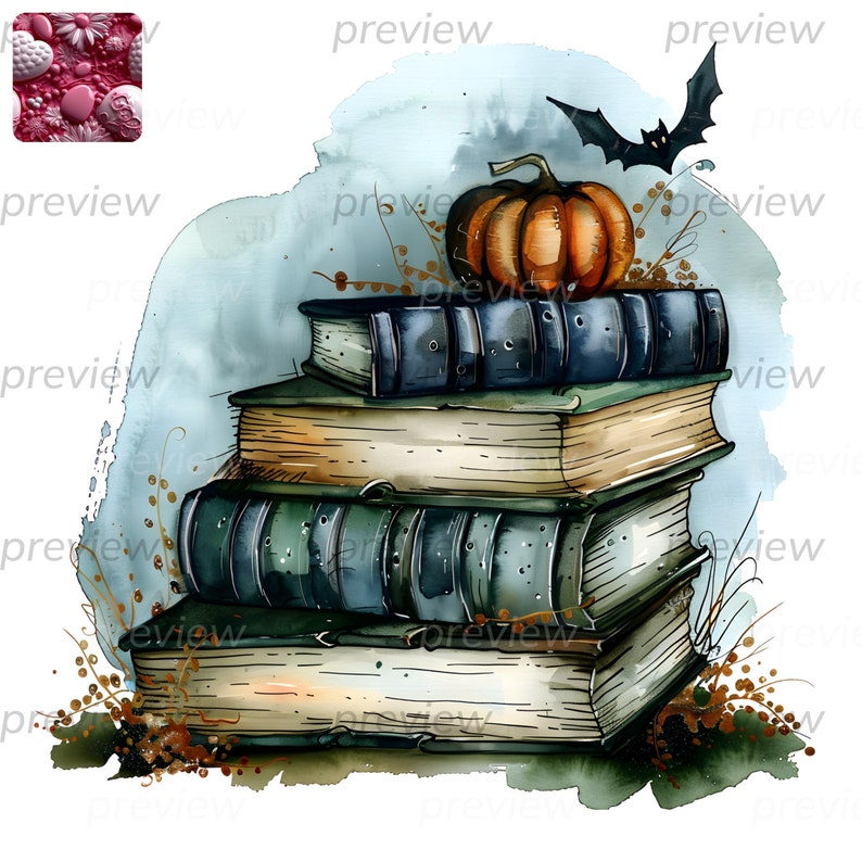 Watercolor Creepy Book Stack Clipart Creepy Book Sub Design Bibliophile ...