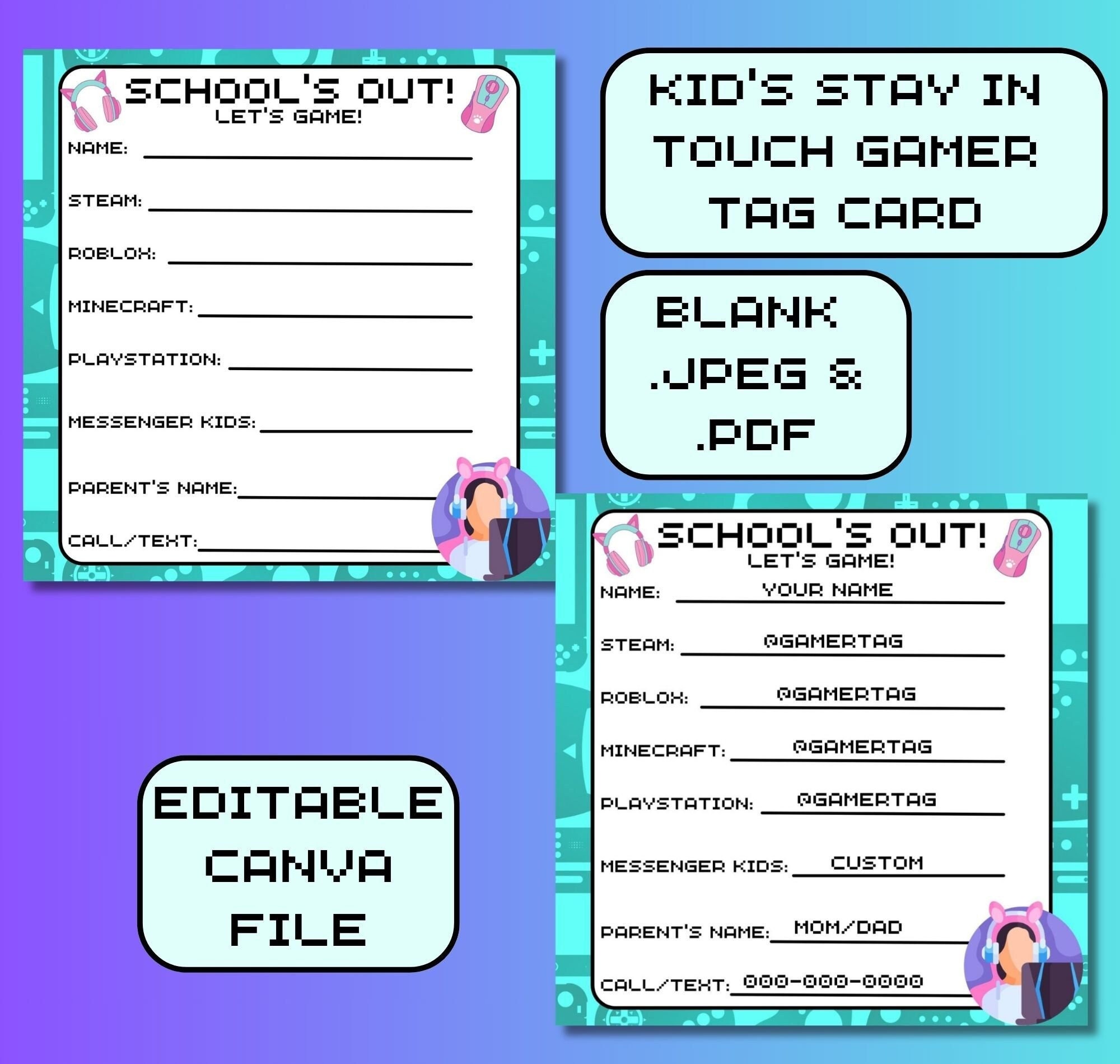 Gamer Girl Gamer Tag Contact Printable Summer Stay in Touch CANVA ...