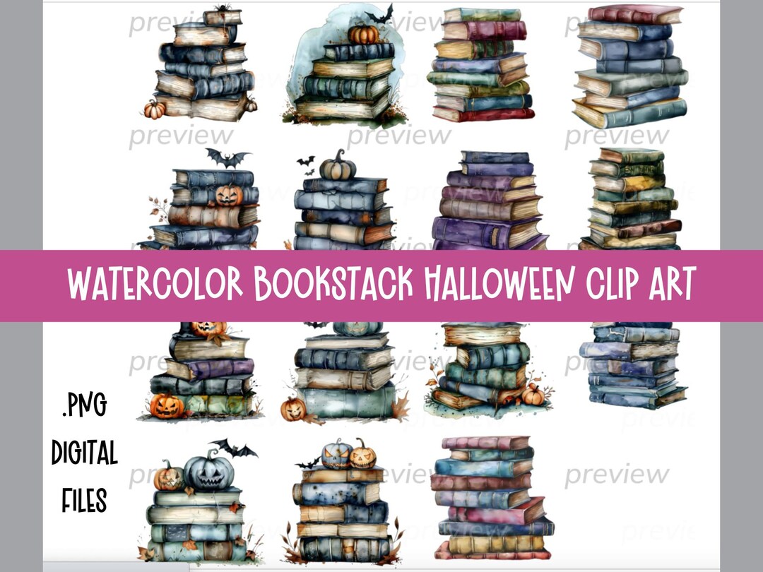 Watercolor Creepy Book Stack Clipart Creepy Book Sub Design Bibliophile ...