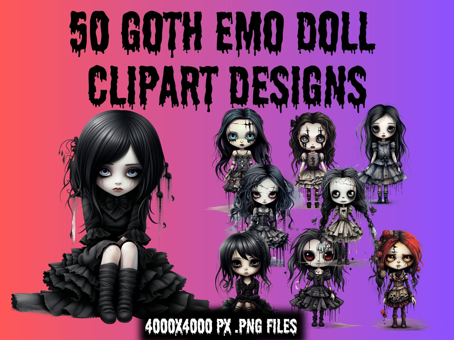 Gothic Creepy Emo Doll Clipart 50 Bundle PNG Spooky Instant Digital ...