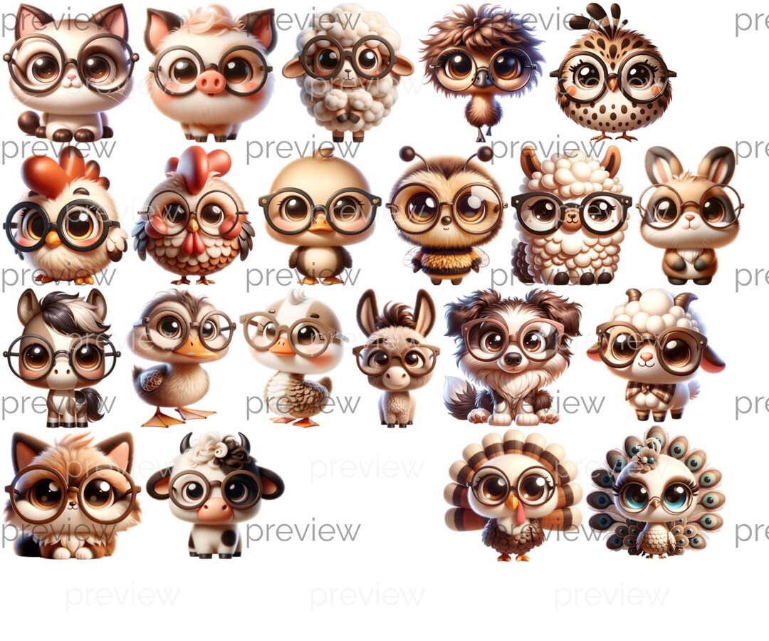Whimsical Farm Animal Clipart Cow Wearing Glasses Horse Baby Shower ...