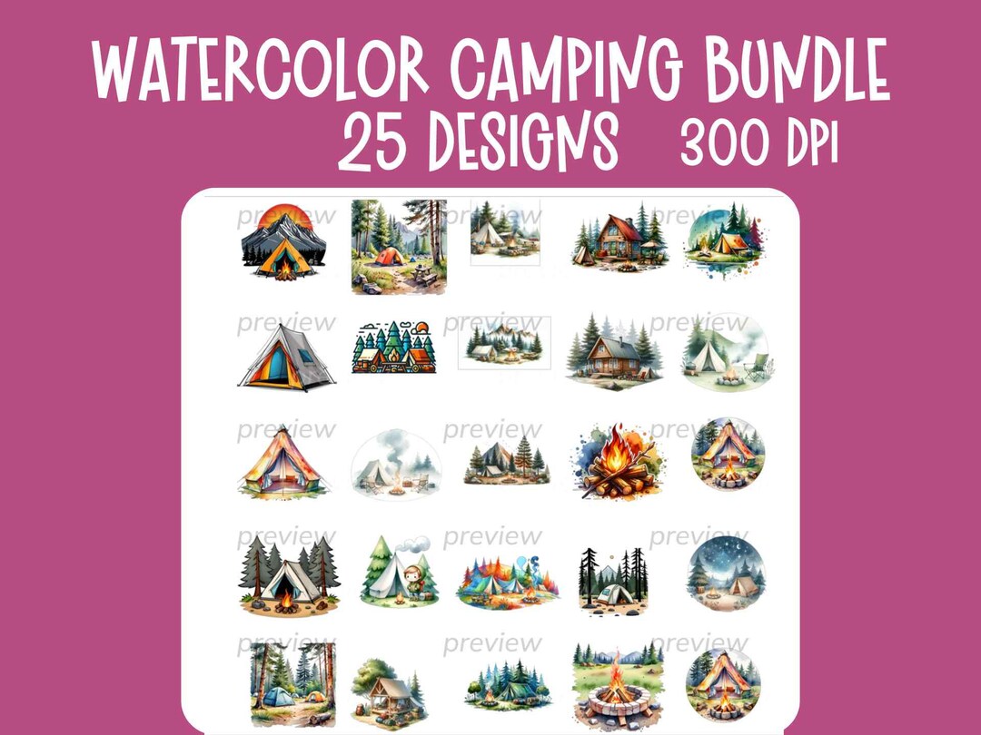 Watercolor Camping Clipart Bundle Tent Png Instant Download Sublimation ...