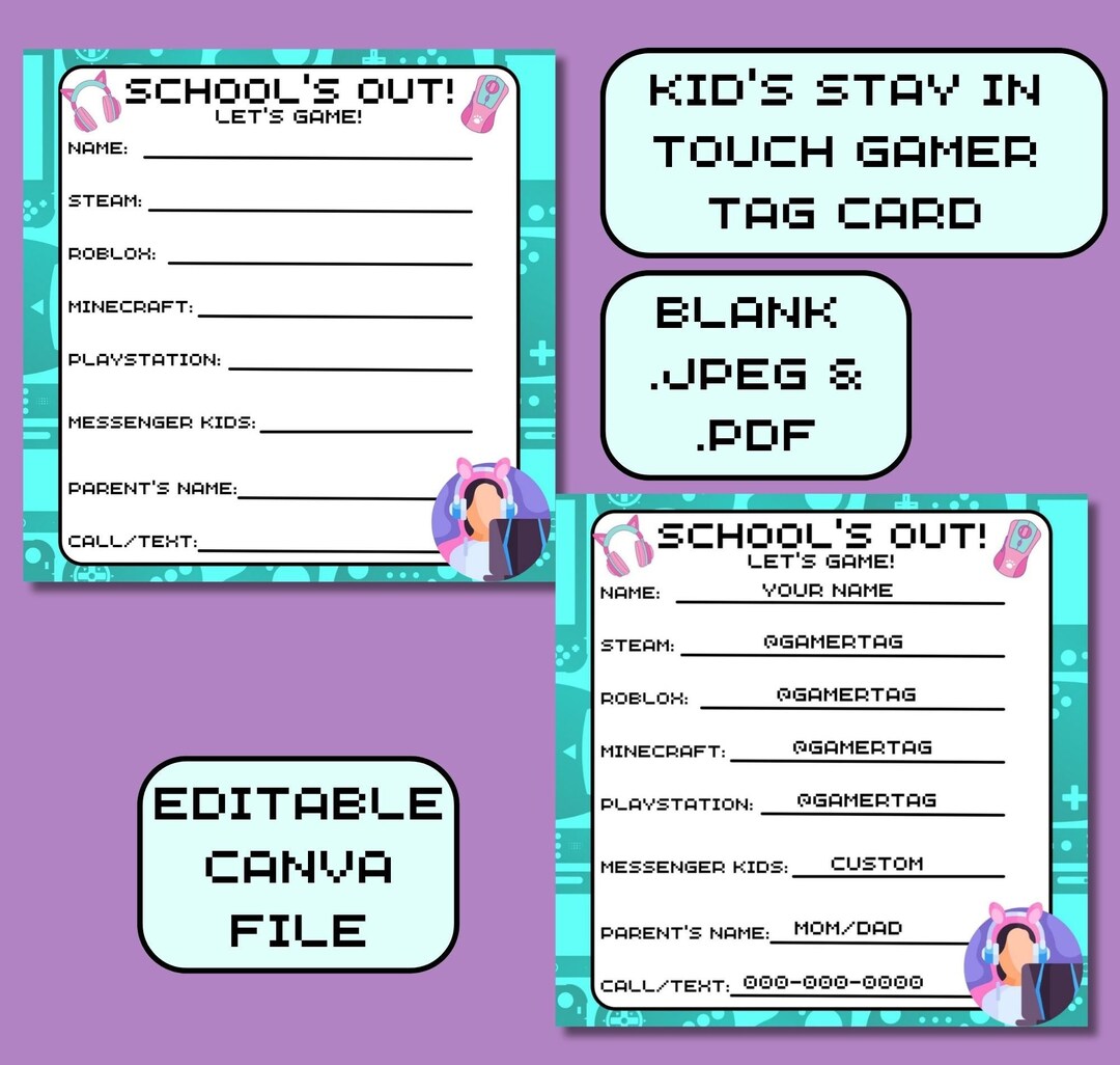 Gamer Girl Gamer Tag Contact Printable Summer Stay in Touch CANVA ...