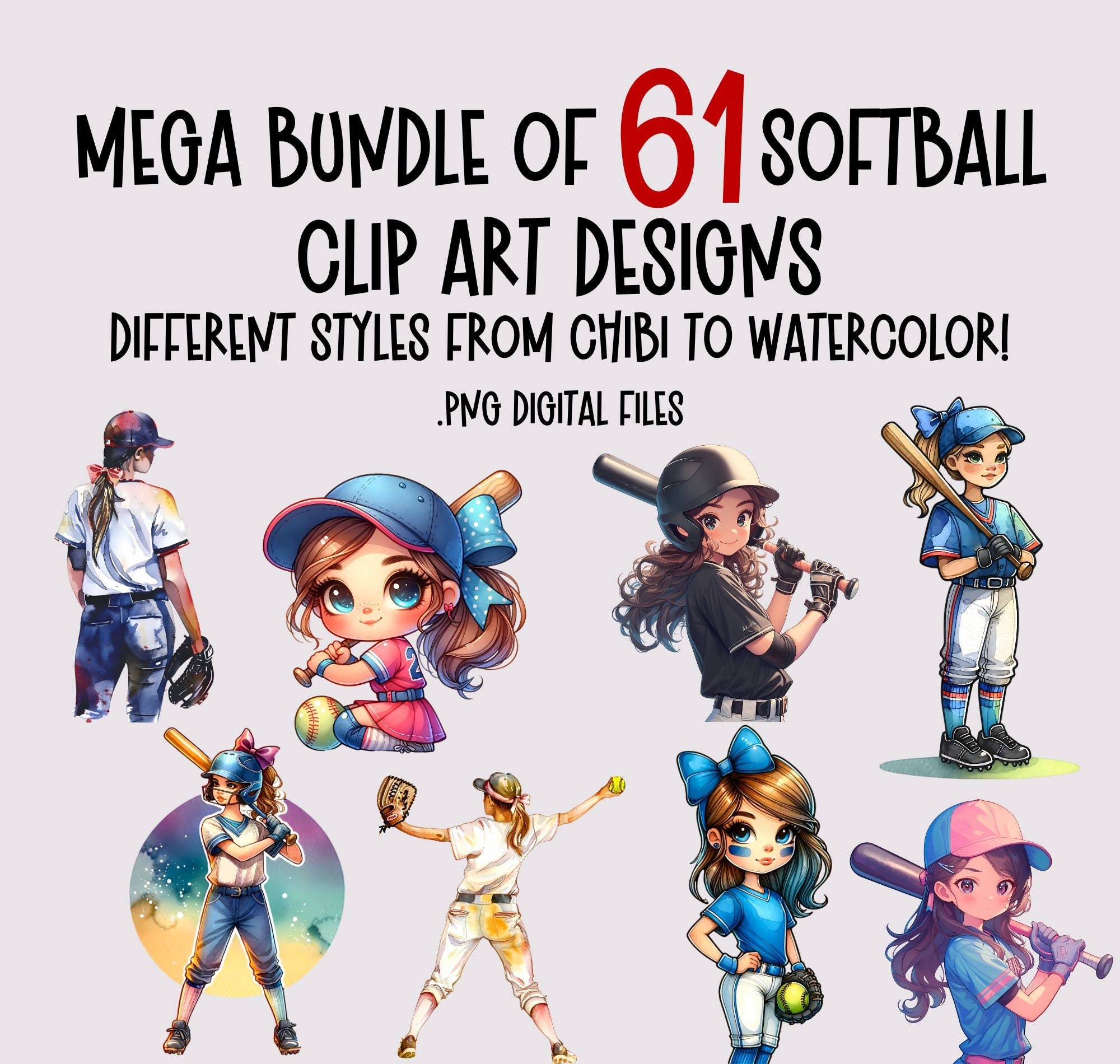 Softball Clipart MEGA Bundle 61 Png Digital Sublimation File Girl ...