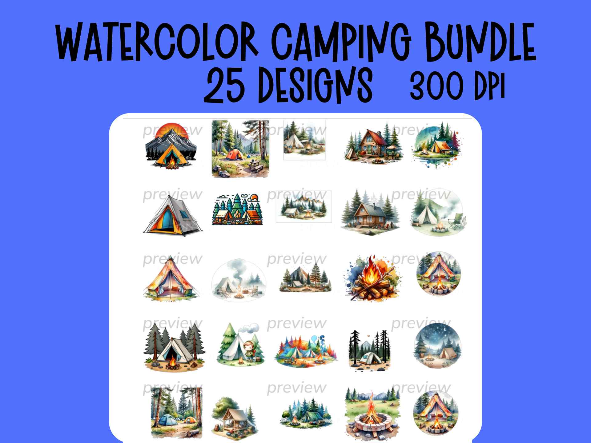 Watercolor Camping Clipart Bundle Tent Png Instant Download Sublimation ...