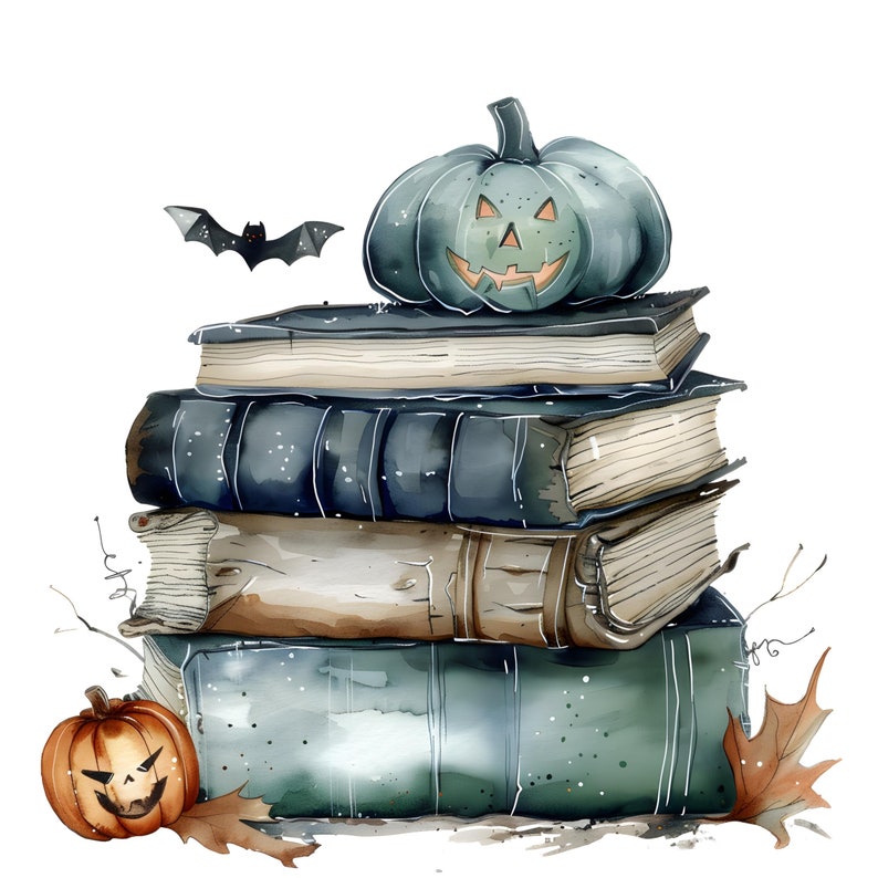 Watercolor Creepy Book Stack Clipart Creepy Book Sub Design Bibliophile ...