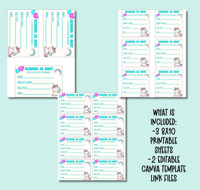 Unicorn Kid Contact Printable Summer Stay in Touch CANVA Editable End ...