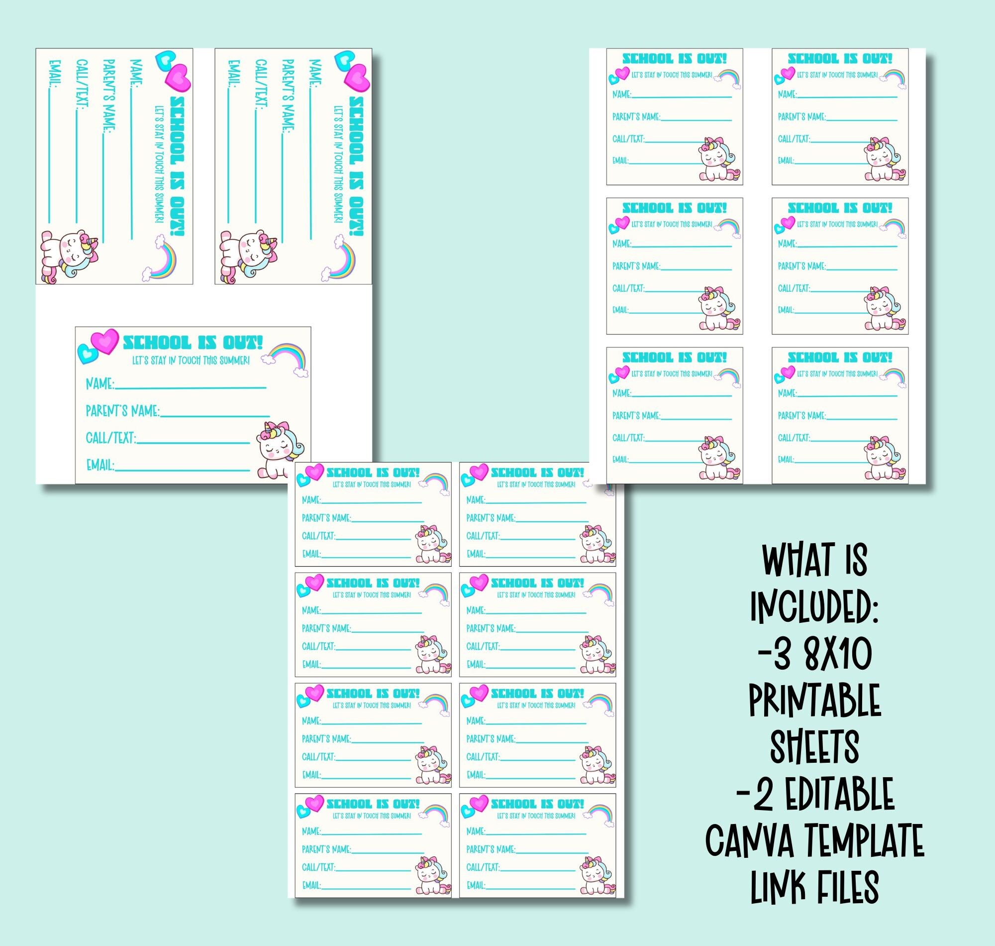 Unicorn Kid Contact Printable Summer Stay in Touch CANVA Editable End ...