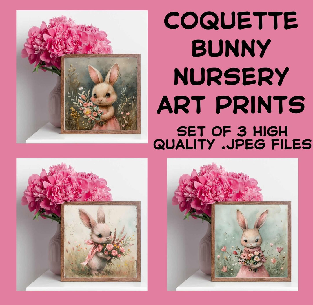Bunny Nursery Wall Art Bundle of 3 Coquette Rabbit Neo-victorian Baby ...