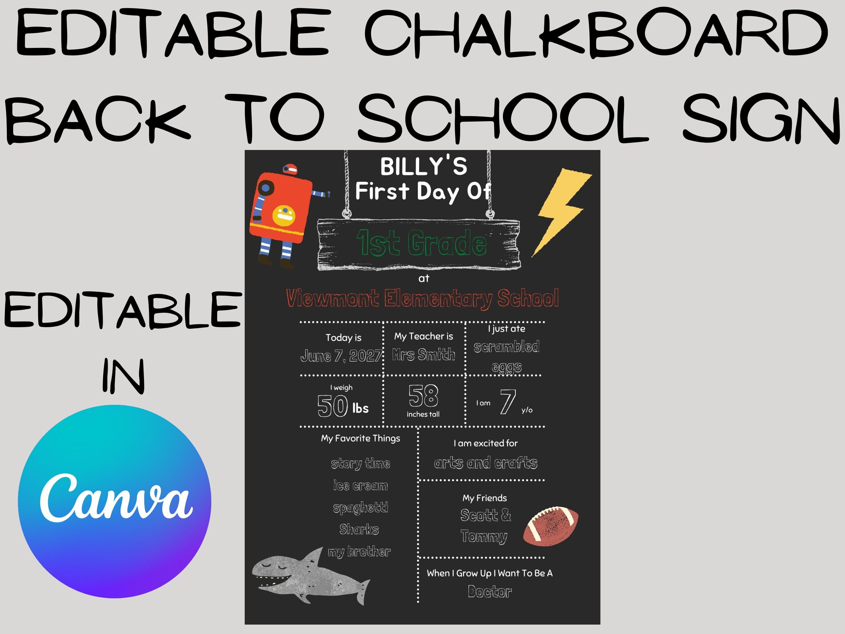 Chalkboard Back to School Sign, First Day of School Sign, Editable Back ...