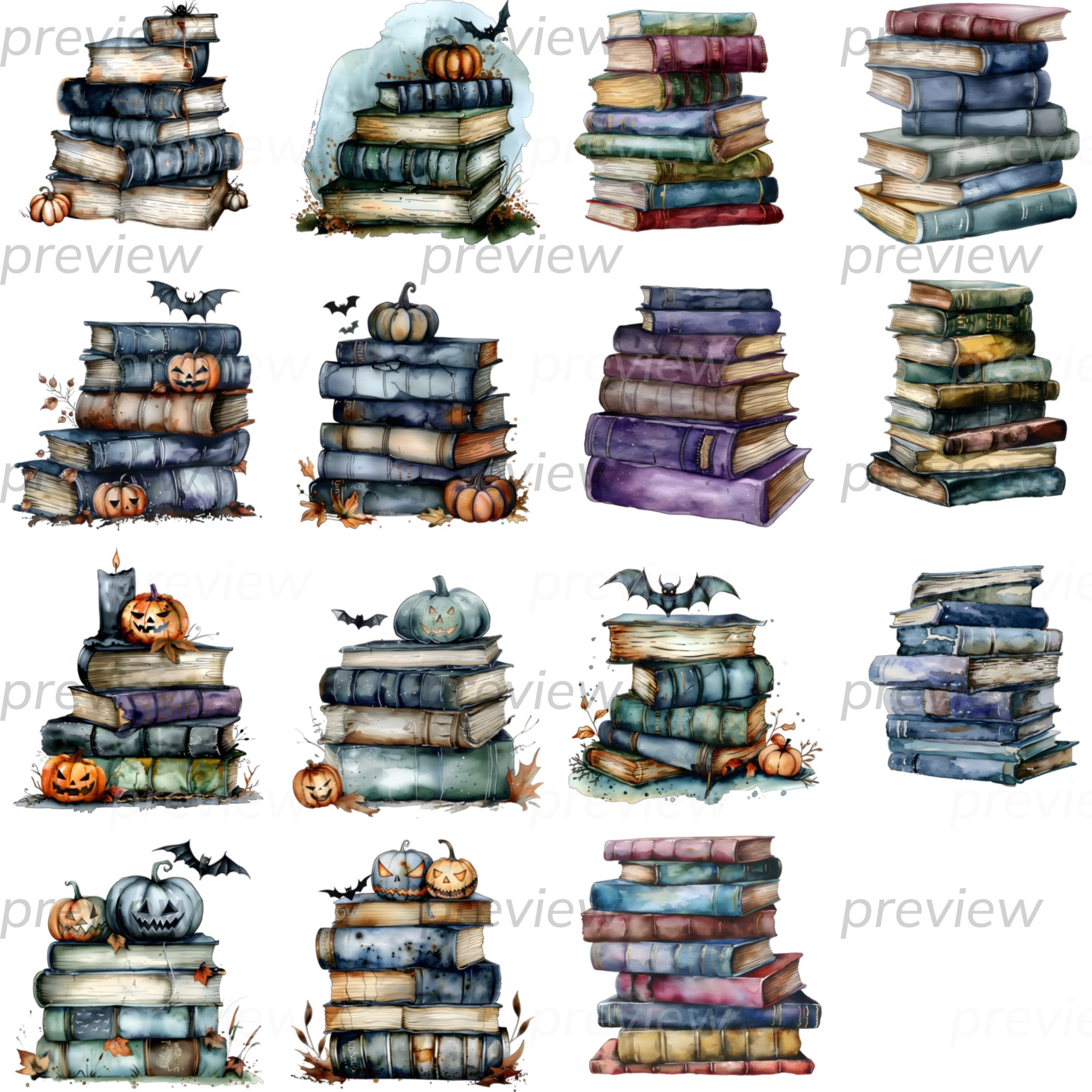 Watercolor Creepy Book Stack Clipart Creepy Book Sub Design Bibliophile ...