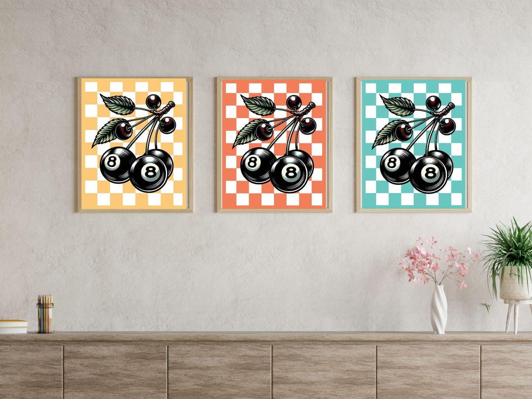 Cherry 8 Ball Digital Art Vintage Wall Art Set of 3 Checkered Cherries ...
