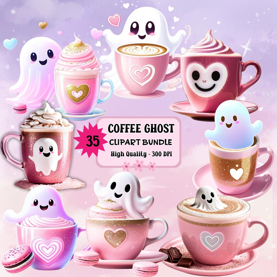 35 Coffee Ghost Clipart Bundle |cute Kawaii Coffee Ghosts |pink Pastel ...