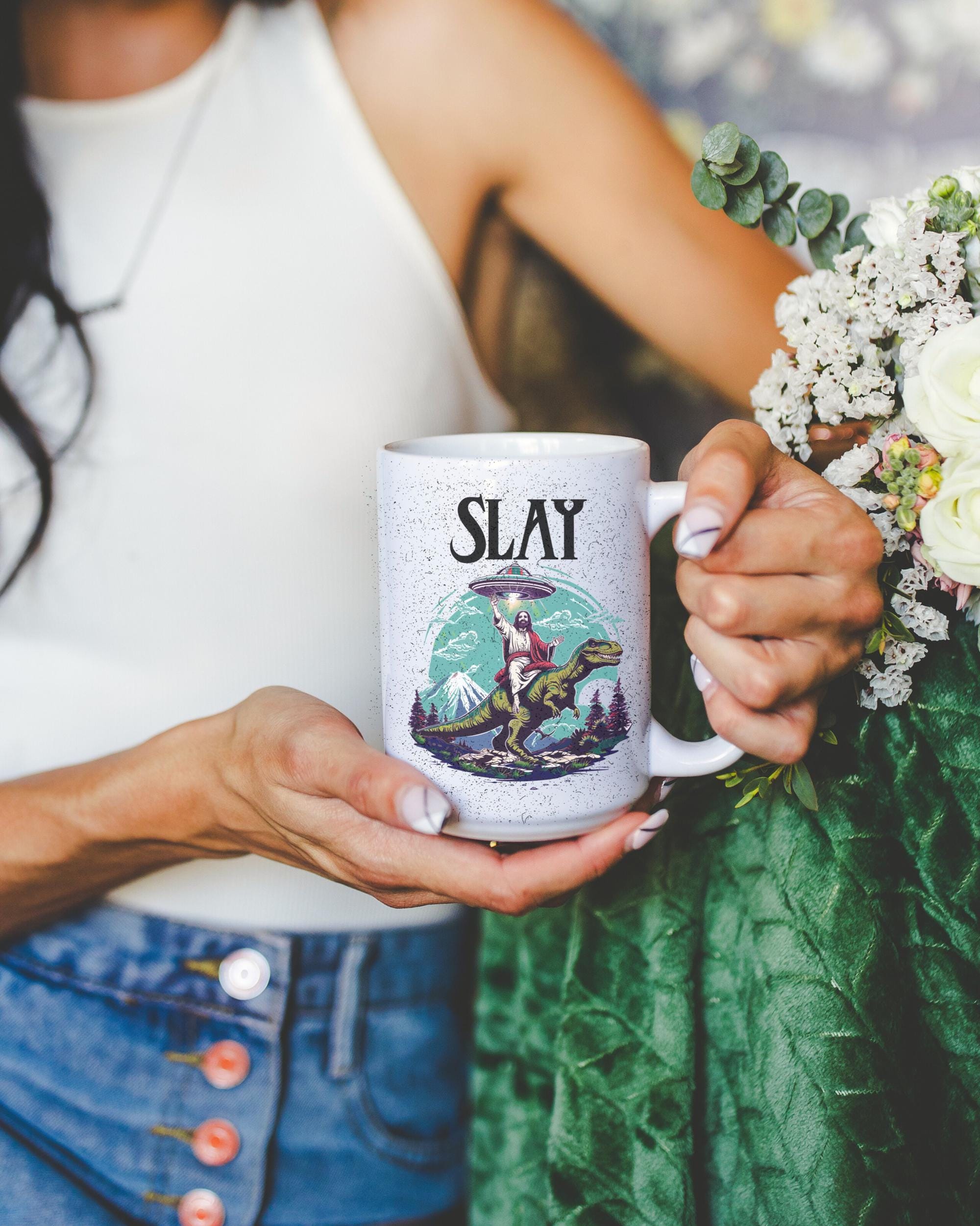 Limited Edition Jesus Slay Mug, Jesus Riding a Dinosaur, Funny Mugs ...