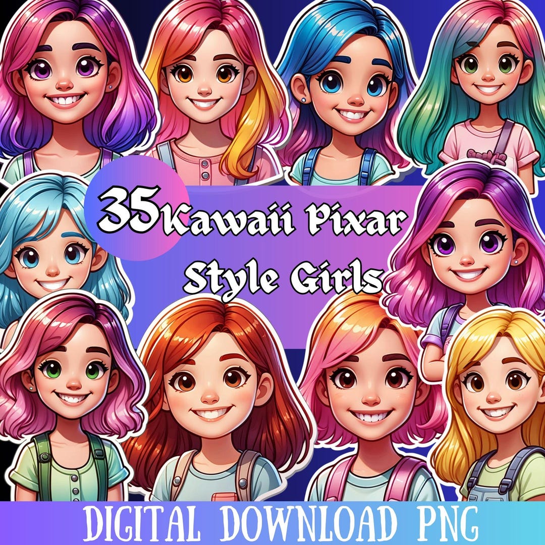 35 Cute Kawaii Pixar Style Girls Digital Instant Download Stickers for ...