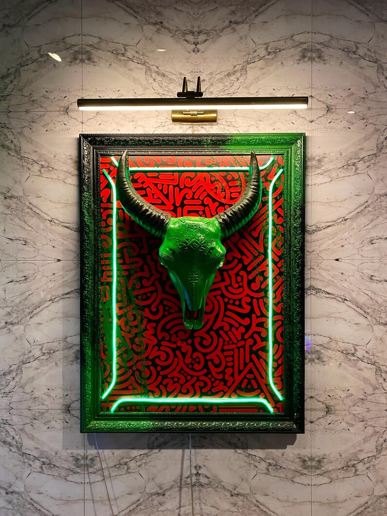 Bull Neon Painting Art | Neon Light | Framed Wall Art | Modern Wall Art ...