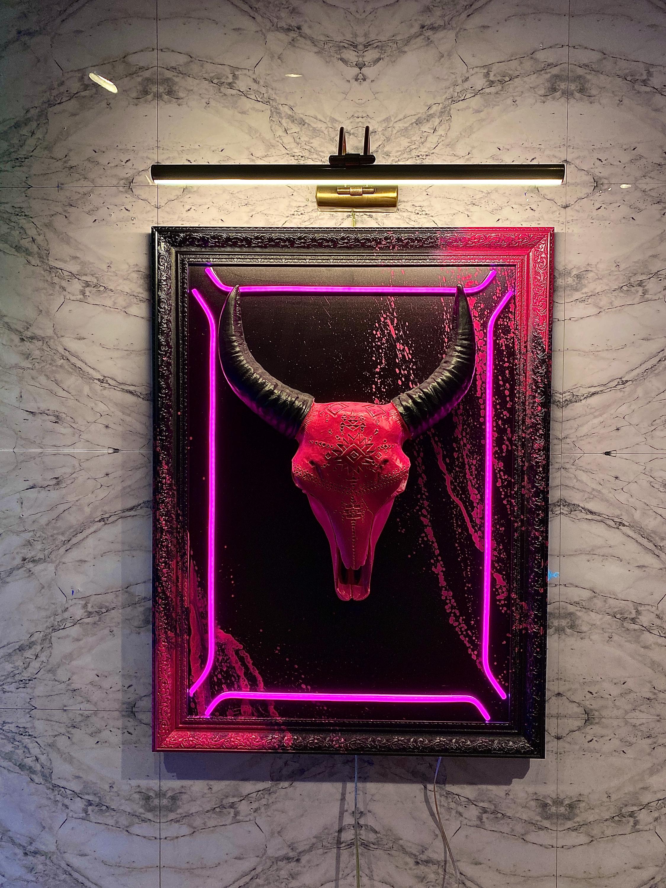 Pink Bull Skeleton Neon Painting Art | Modern Framed Wall Art | Neon ...