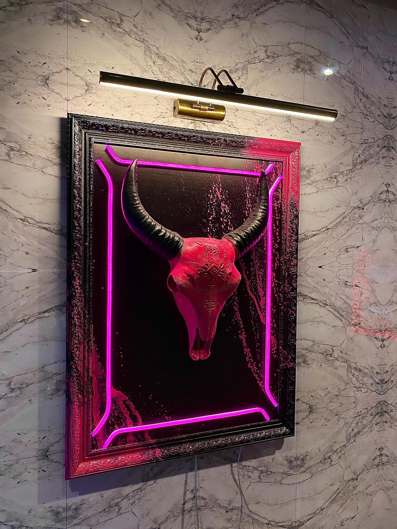 Pink Bull Skeleton Neon Painting Art | Modern Framed Wall Art | Neon ...