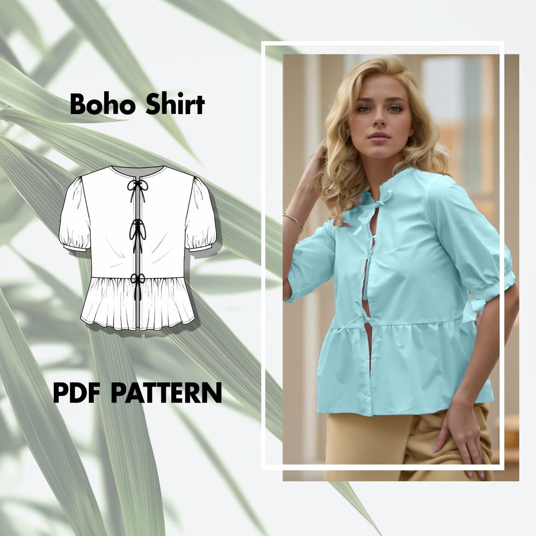 Puff Sleeve Blouse Pdf Sewing Pattern, Boho Blouse, Peplum Tie Front ...