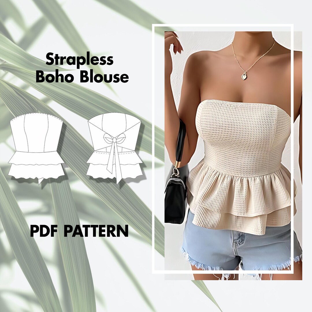 Strapless Boho Blouse Sewing Pattern, Peplum Top Pattern, Tie Back Top ...