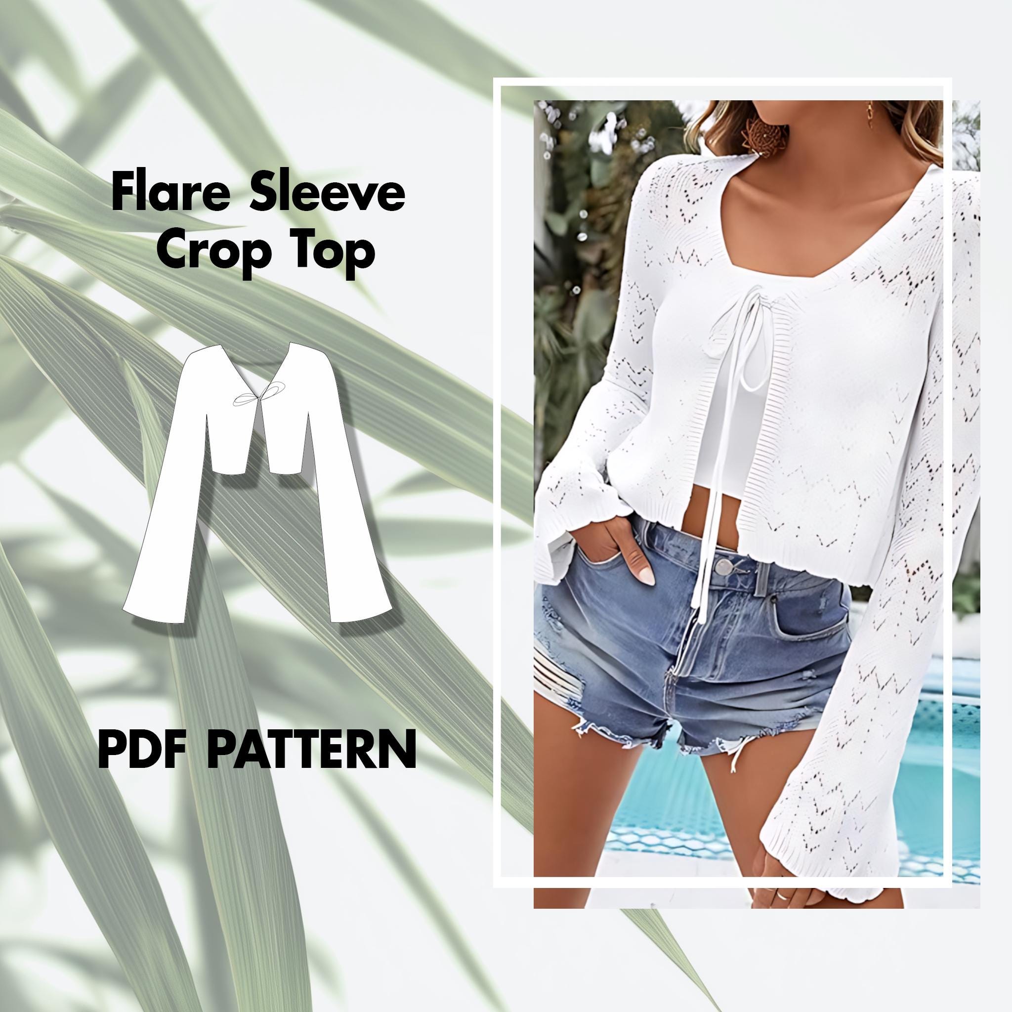 Flare Sleeve Crop Top Sewing Pattern, Front Tie Blouse Pattern, Front ...