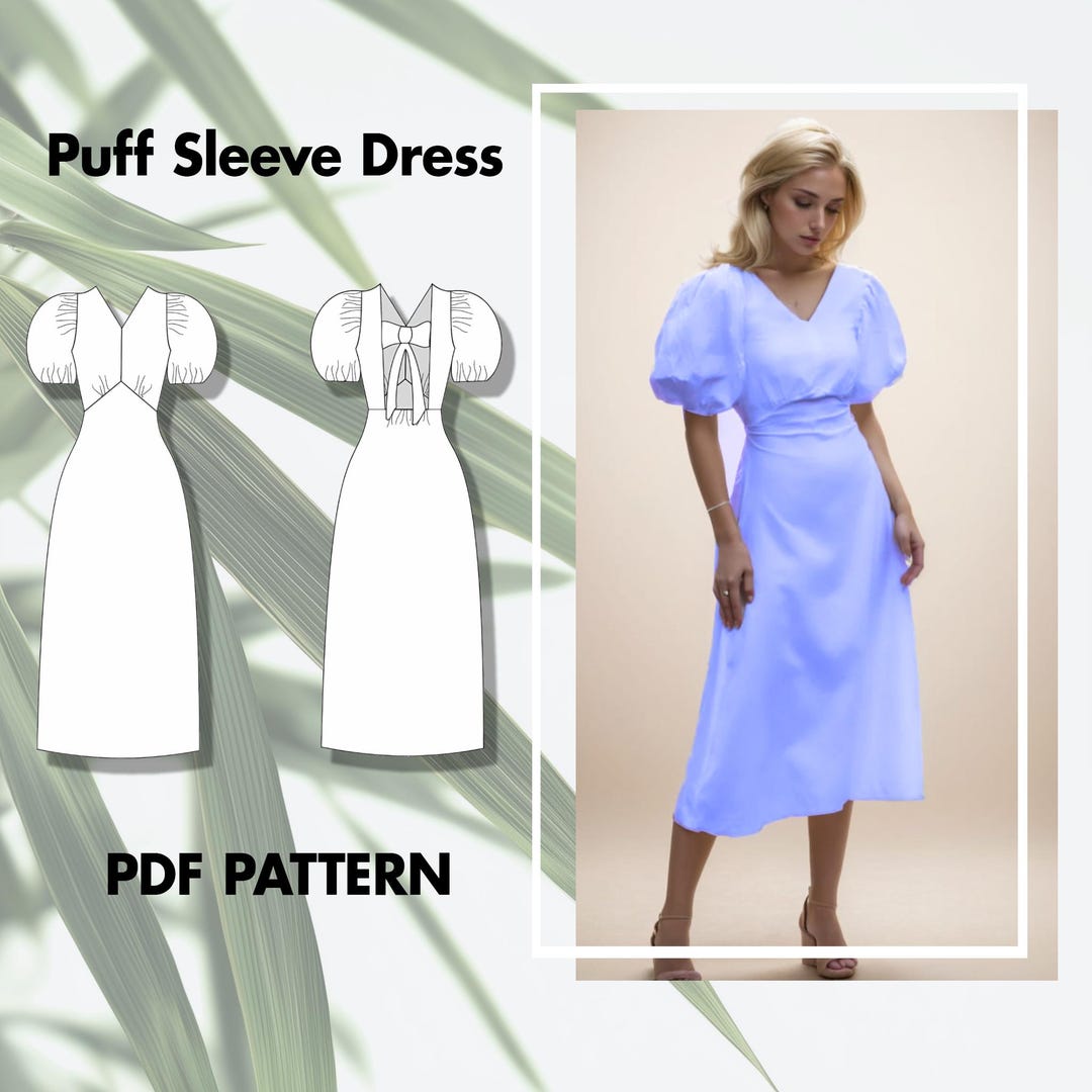 Puff Sleeve Dress Pdf Sewing Pattern, Elegant V-neck Dress, Puff Sleeve ...