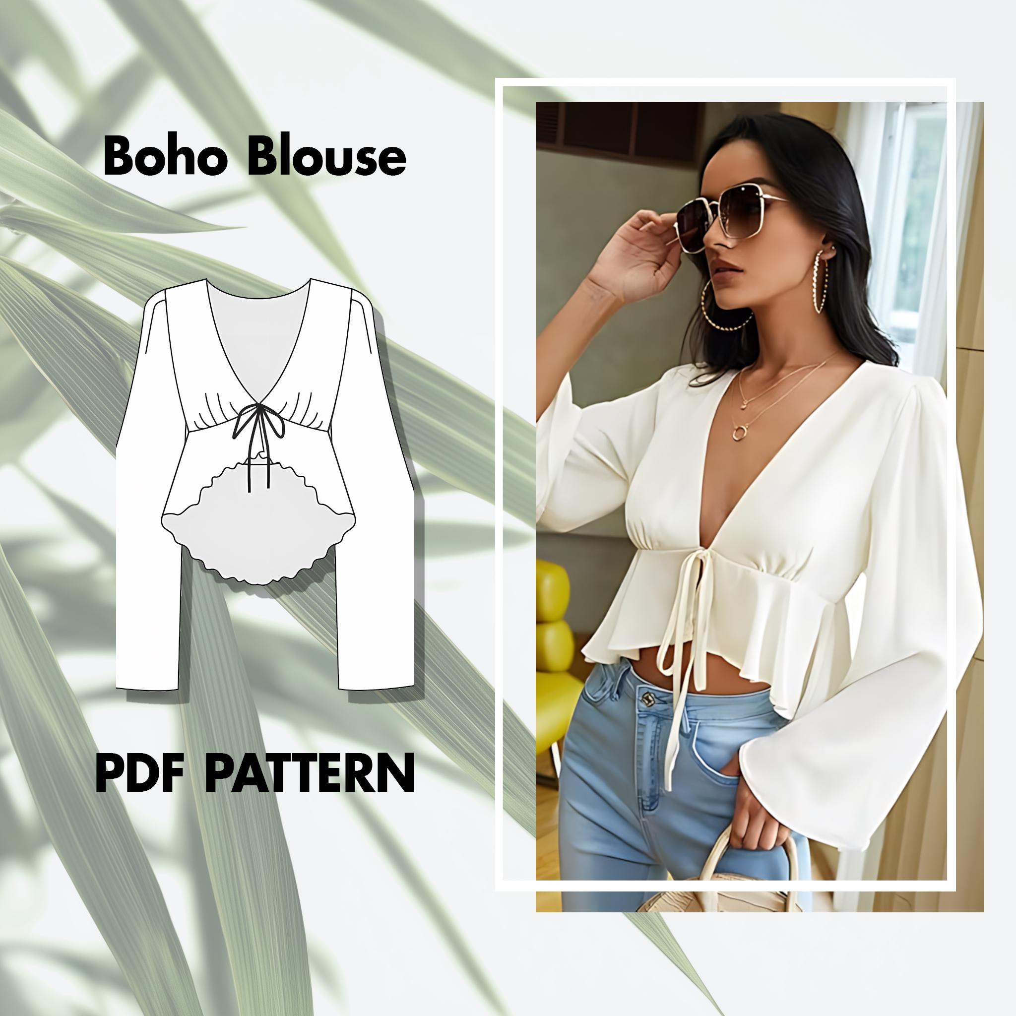 Boho Blouse Pdf Sewing Pattern, Long Sleeve Blouse, Flare Sleeve Top ...