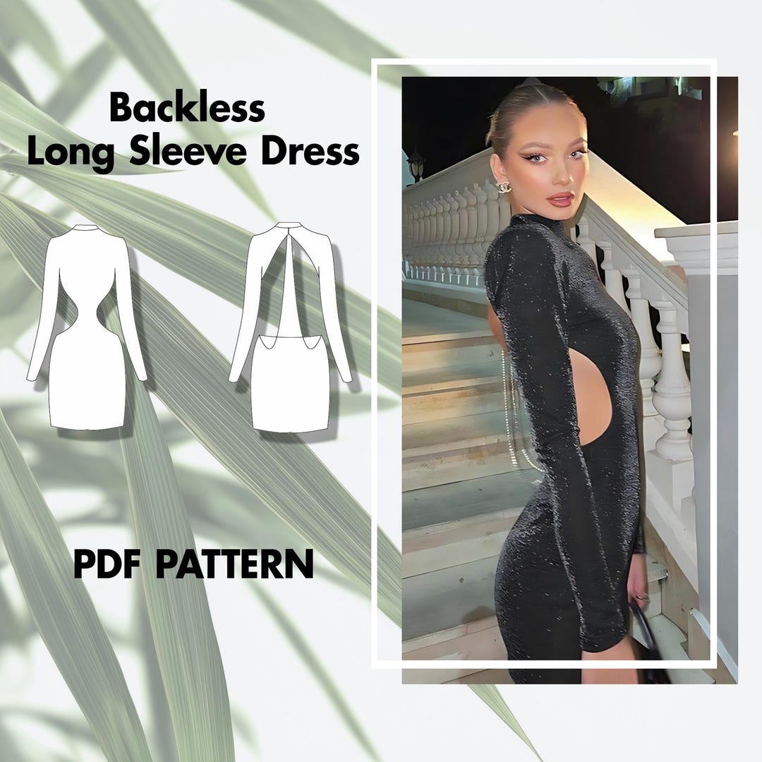 Backless Long Sleeve Dress Pdf Sewing Pattern, Long Sleeve Open Back ...