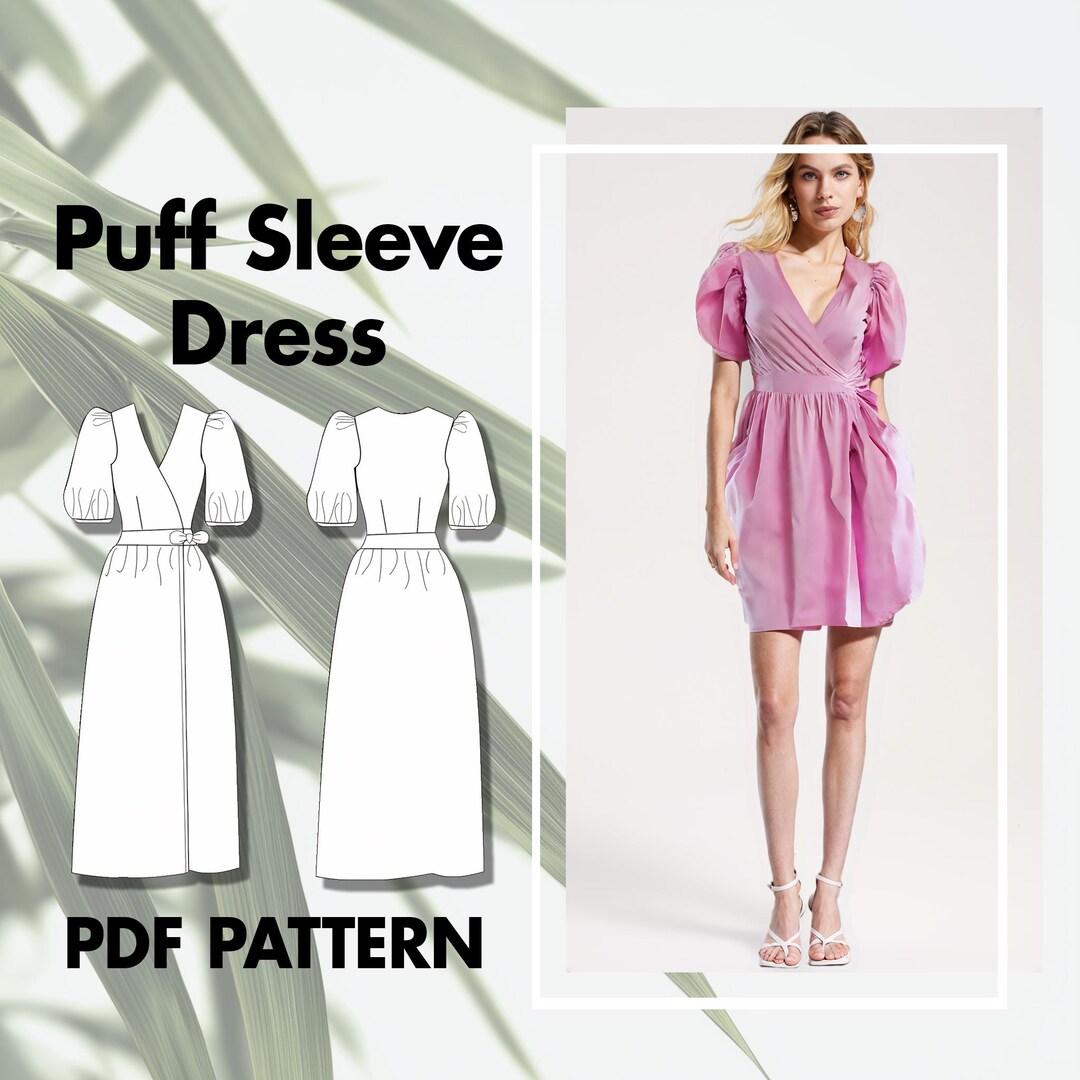 Puff Sleeve Wrap Dress Sewing Pattern, Women Dress Digital Pattern ...