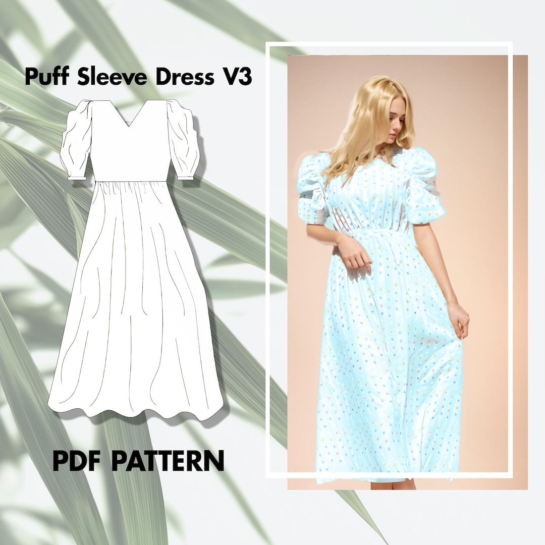 Puff Sleeve Dress Pdf Sewing Pattern, Long Puff Sleeve Gown Pattern ...