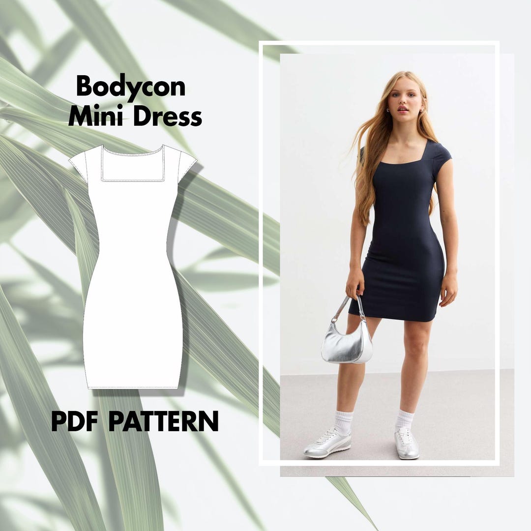 Bodycon Mini Dress Pdf Sewing Pattern, Square Neck Bodycon Dress ...