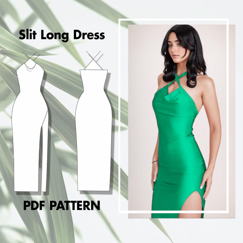 Slit Long Dress PDF Sewing Pattern, Cowl Neck Dress, Backless Prom ...