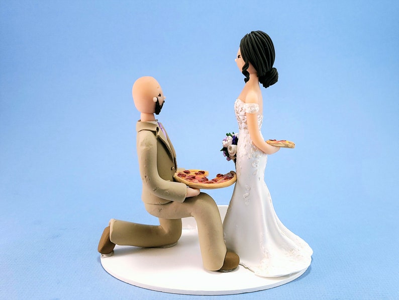 Bride & Kneeling Groom With a Pizza Custom Made Wedding Cake Topper ...