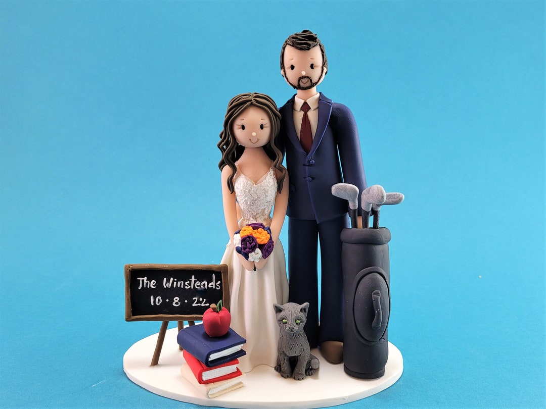 Wedding Cake Toppers Teacher & Golfer With a Cat Personalized Wedding ...